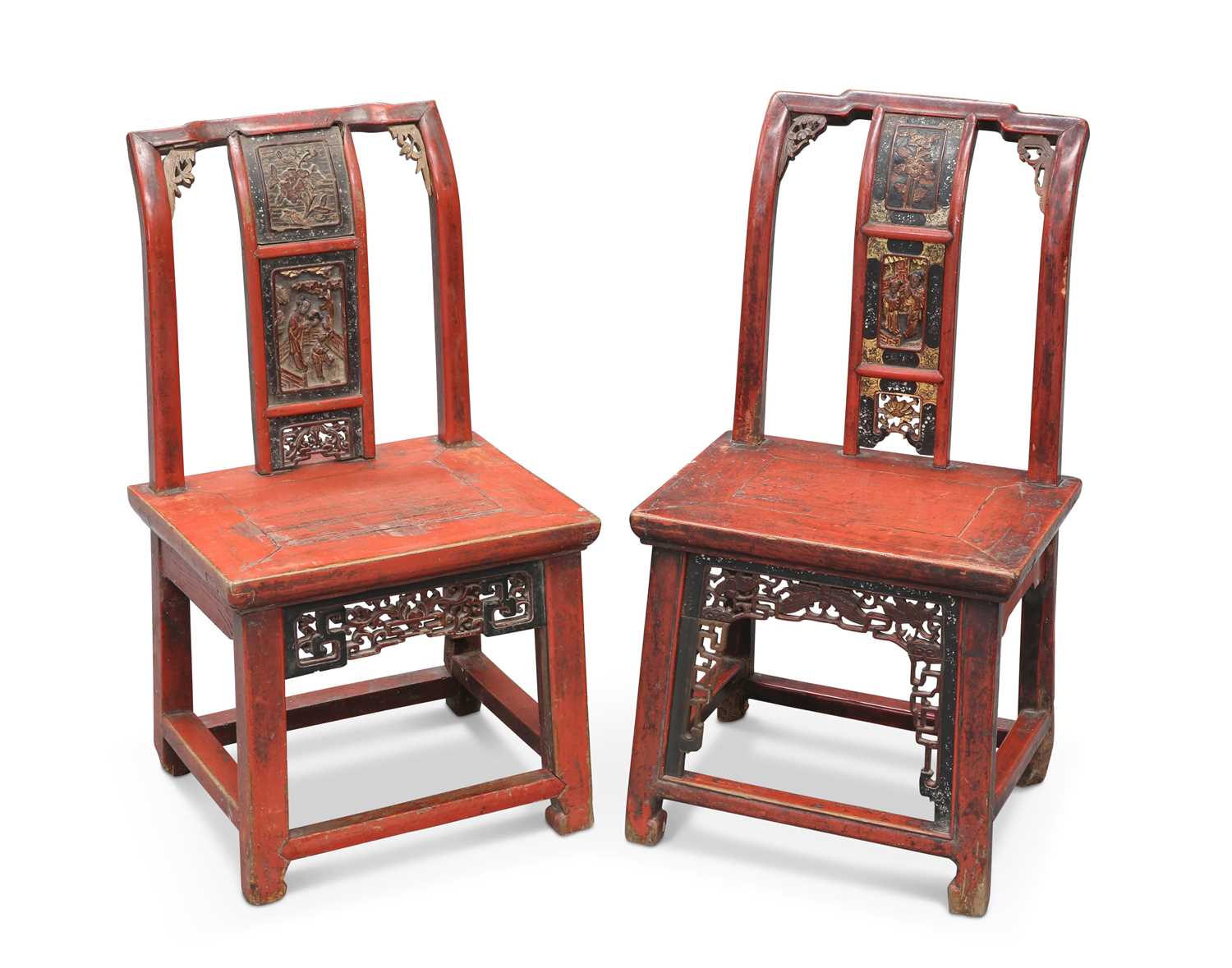 Lot 747 - TWO CHINESE RED LACQUER SIDE CHAIRS, EARLY