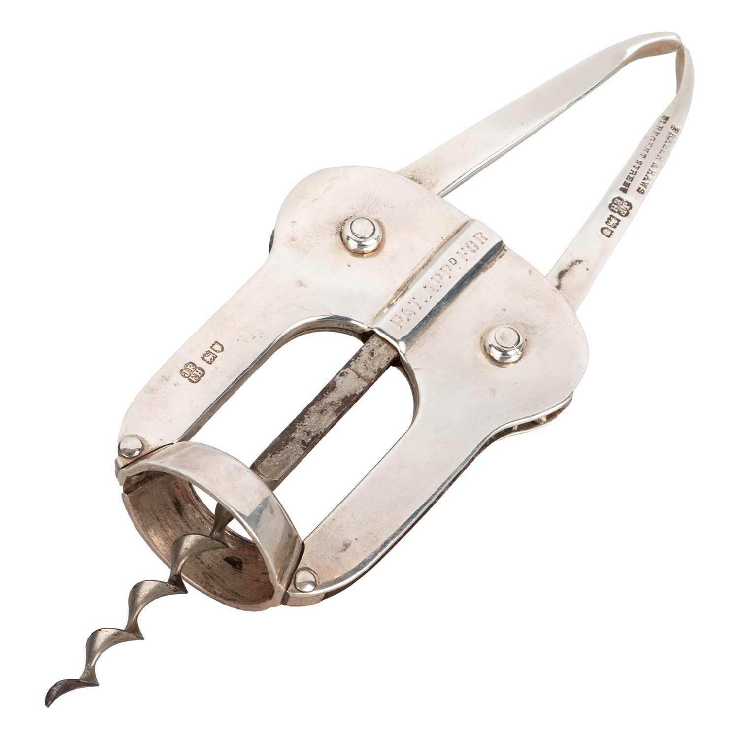 Lot 299 - A RARE EDWARDIAN SILVER PATENTED CORKSCREW