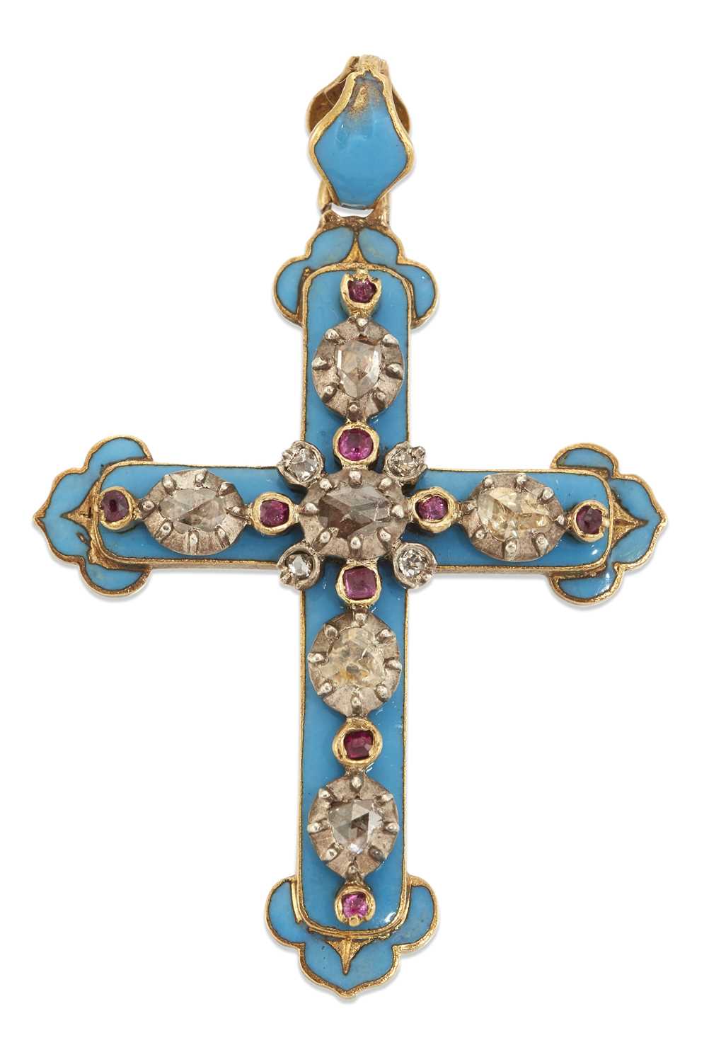 Lot 1629 - A 19TH CENTURY BLUE ENAMEL, DIAMOND AND