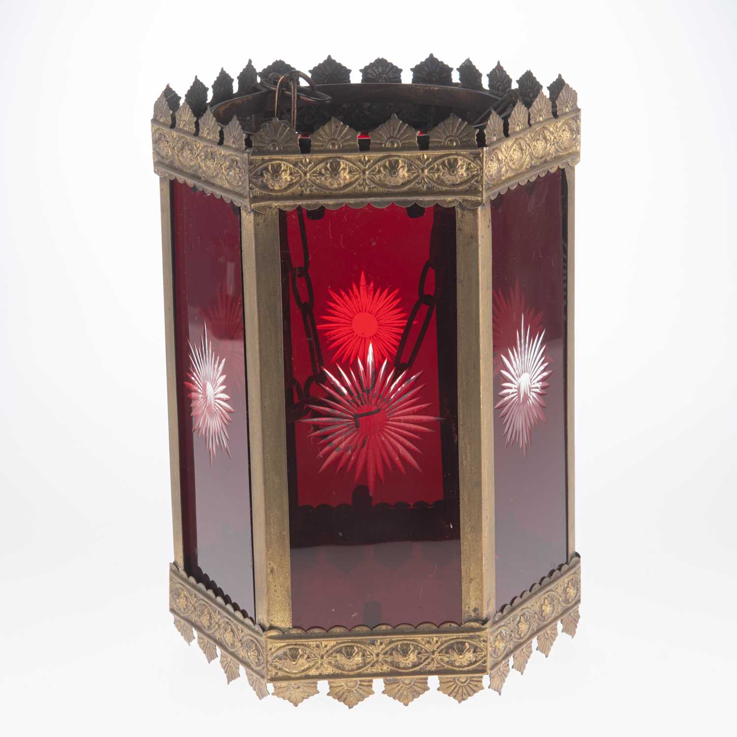 Lot 170 - A VICTORIAN BRASS AND RUBY GLASS HALL