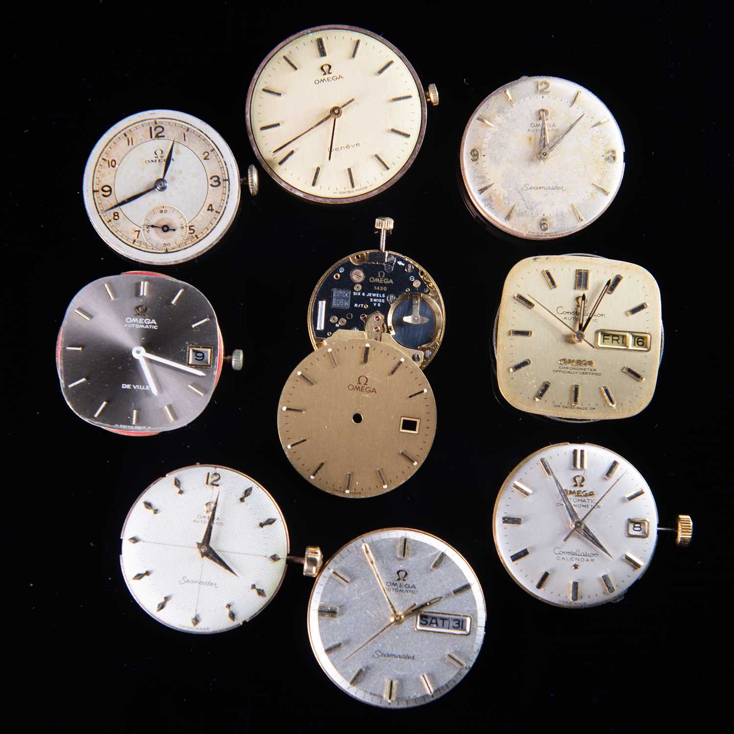 Lot 470 - NINE OMEGA WATCH MOVEMENTS WITH DIALS AND