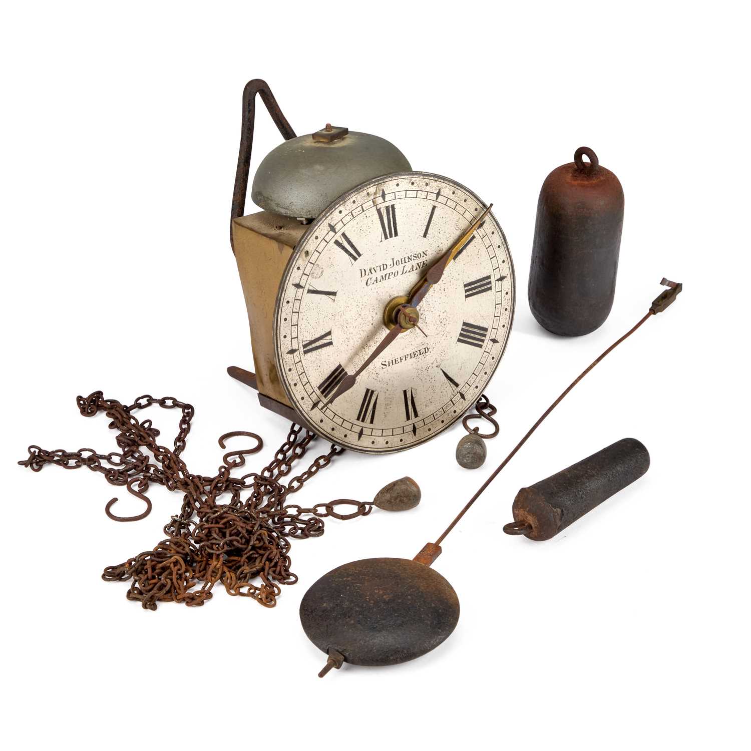 Lot 1249 - A 19TH CENTURY HOOK AND SPIKE WALL CLOCK,