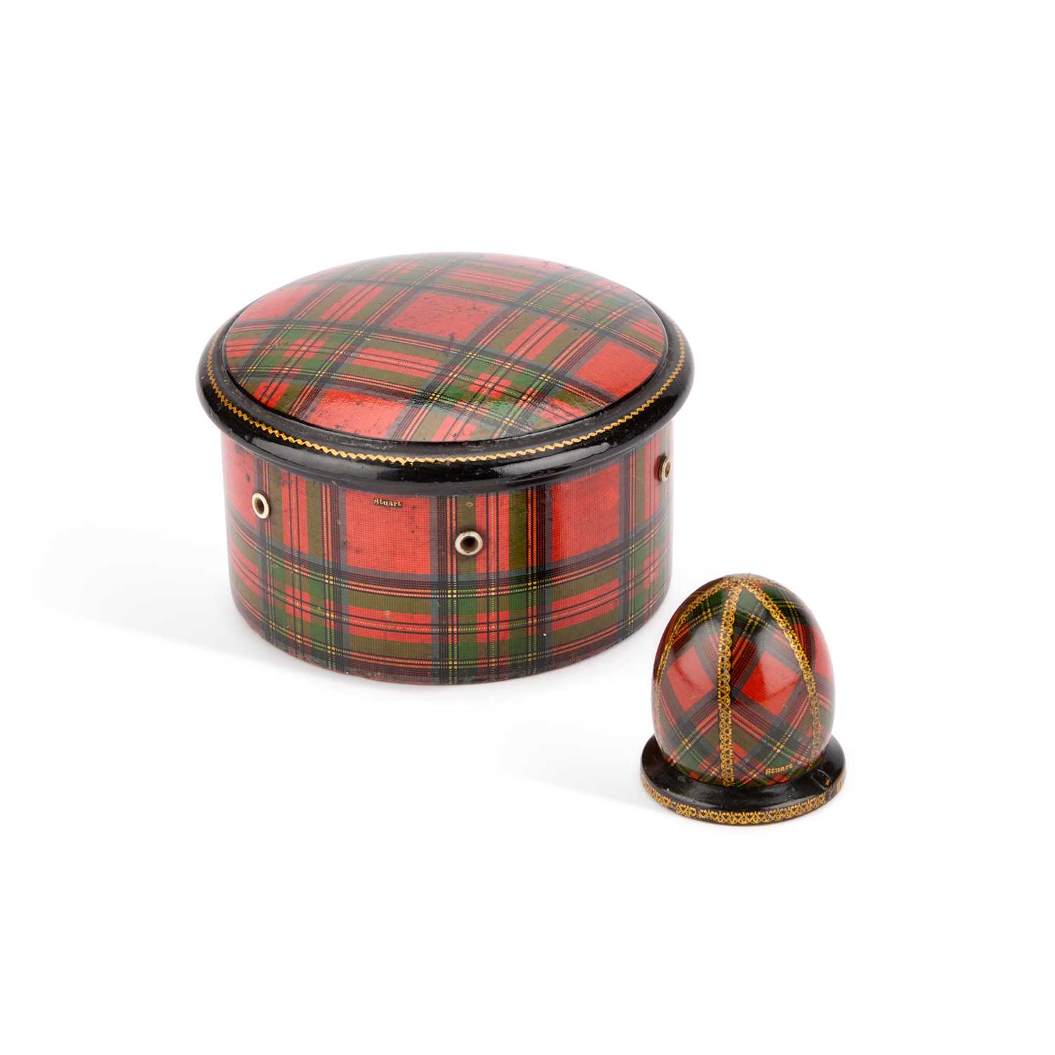 Lot 177 - TARTAN WARE (STUART) REEL BOX AND THIMBLE