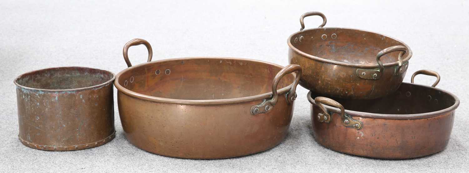 Lot 32 - THREE ANTIQUE COPPER ROLL-TOP PANS AND A