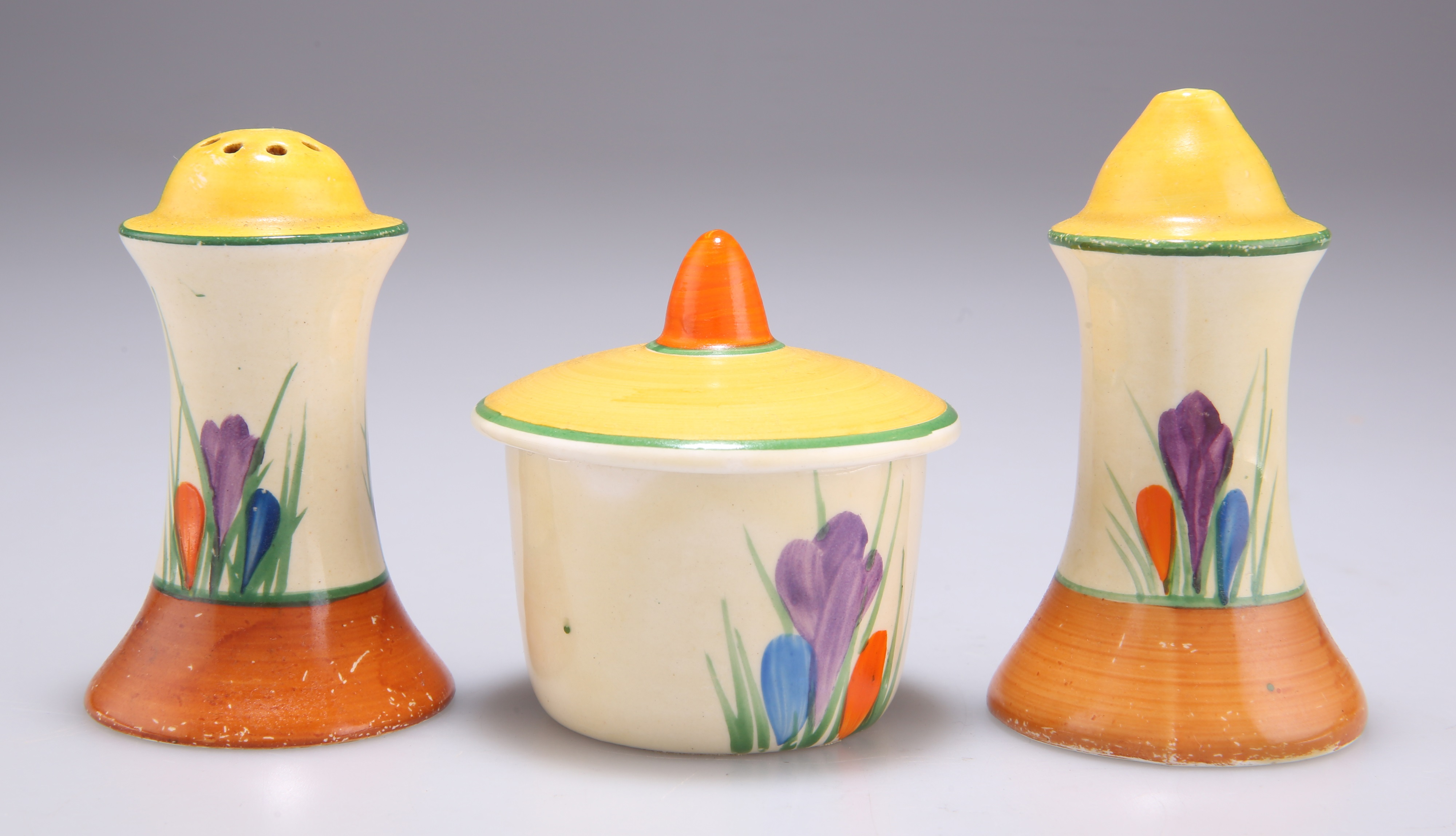 Lot 120 - A CLARICE CLIFF BIZARRE CROCUS PATTERN THREE-
