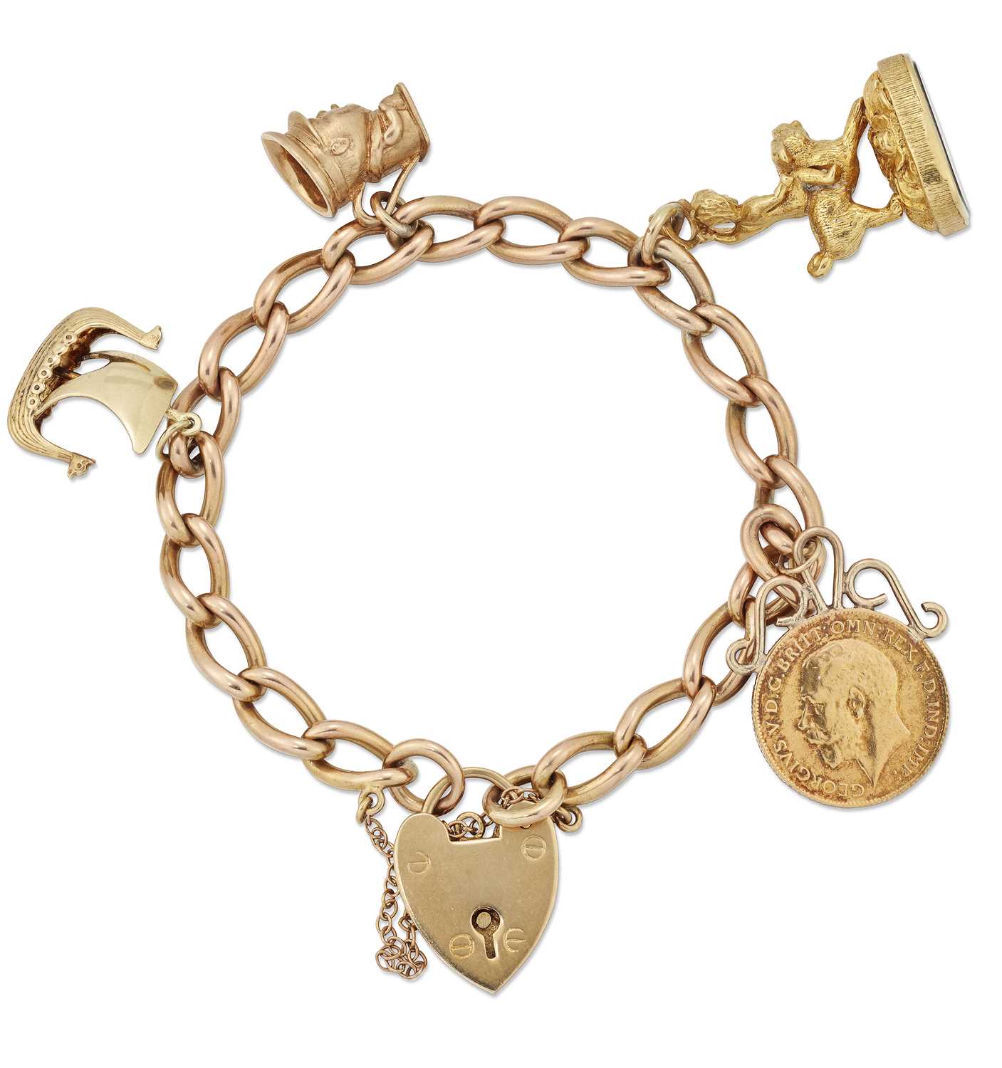 Lot 2364 - A 9 CARAT GOLD CHARM BRACELET WITH A HALF